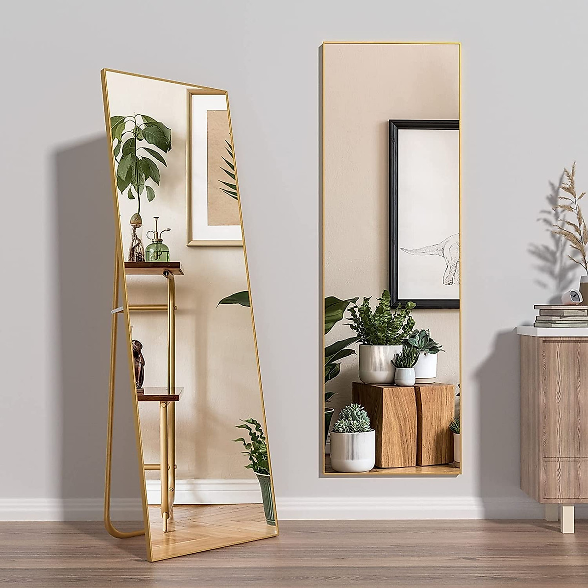 OBIOZZ Bedroom Floor Standing Mirror Full Length Mirror 60 × 16 Inches, Gold Standing Body Mirror, Floor Mirror, Standing Hanging or Leaning