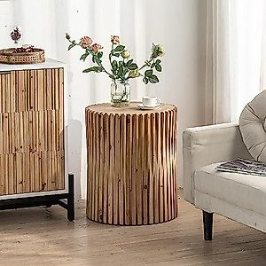 WILLIAMSPACE Farmhouse Round Side Table End Table with Vertical Texture Relief Design, Wood Small Retro Cylindrical Coffee Table for Living Room Apartment, ø20.47" x 24.02"