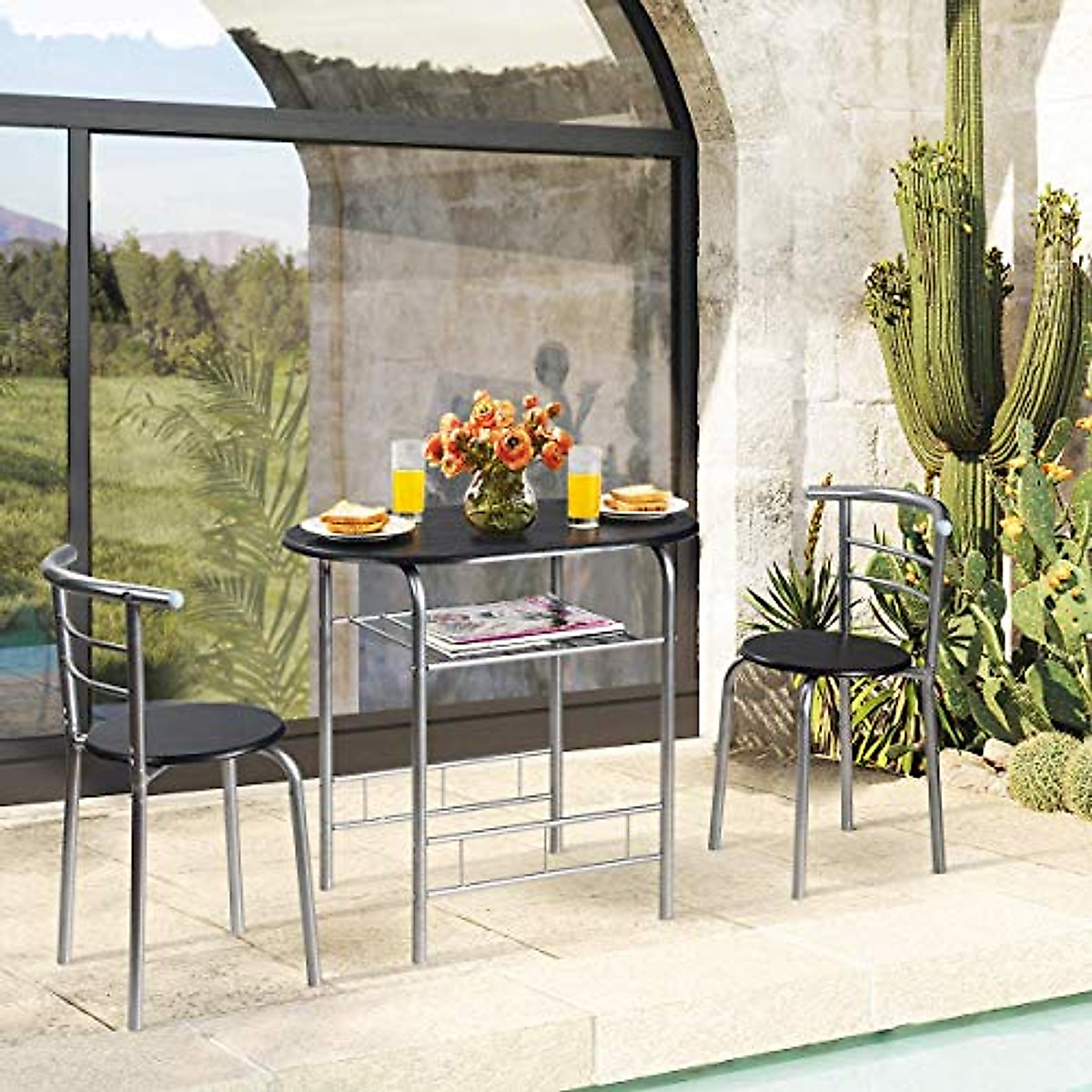 LUARANE 3 Piece Dining Set, Breakfast Table Set w/Metal Frame and Storage Shelf, Compact Table and 2 Chairs Set, for Home Bistro Pub Apartment Kitchen Dining Room Cafe (Black & Silver)