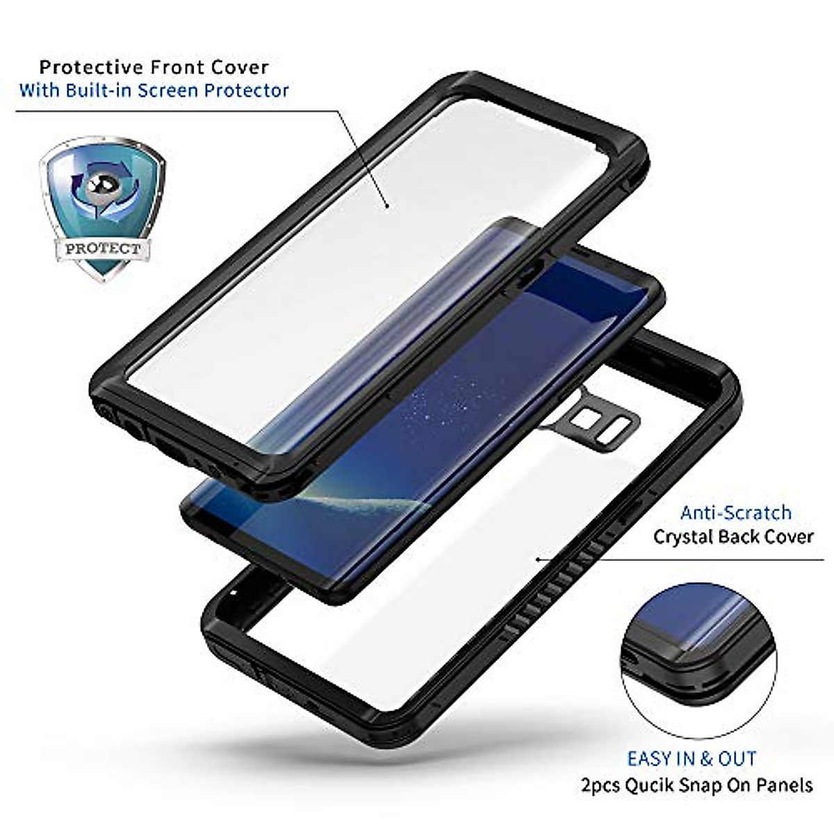 Lanhiem Samsung Galaxy S8 Case, IP68 Waterproof Dustproof Shockproof Case with Built-in Screen Protector, Full Body Sealed Underwater Protective Clear Cover for Samsung S8 (Black)