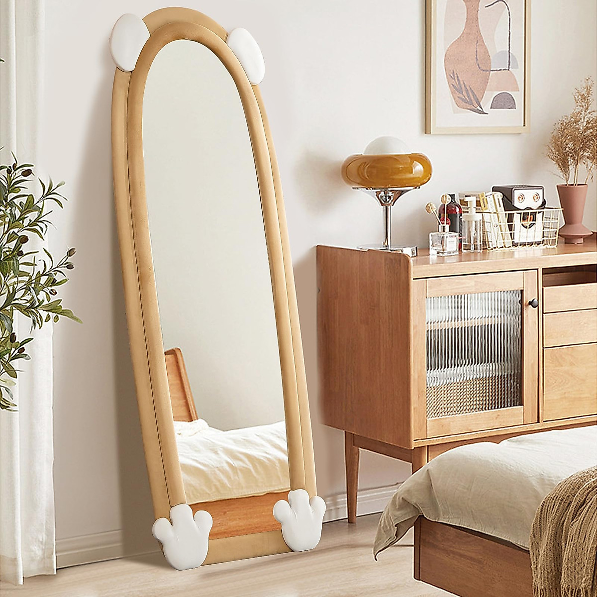 GOODONE Full Length Mirror,63"x24" Irregular Full Body Mirror for Bedroom Living Room, Floor Mirror Standing Hanging or Leaning Against Wall, Flannel Wrapped Wooden Frame,Bear