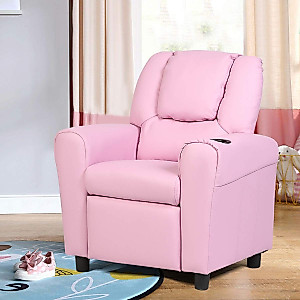 HONEY JOY Kids Recliner, 2-in-1 Toddler Armrest Sofa Couch with Cup Holders, Adjustable Footrest, PU Leather, Child-Size Recliner Chair for Boys Girls Age 3+ (Pink)