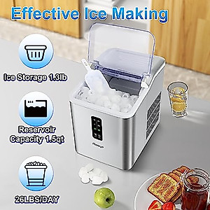 Countertop Ice Maker Machine, 26.5 lbs in 24Hrs, Electric ice Maker and Compact ice Machine with Ice Scoop and Basket, 2 Sizes of Bullet Ice for Home/Kitchen/Office