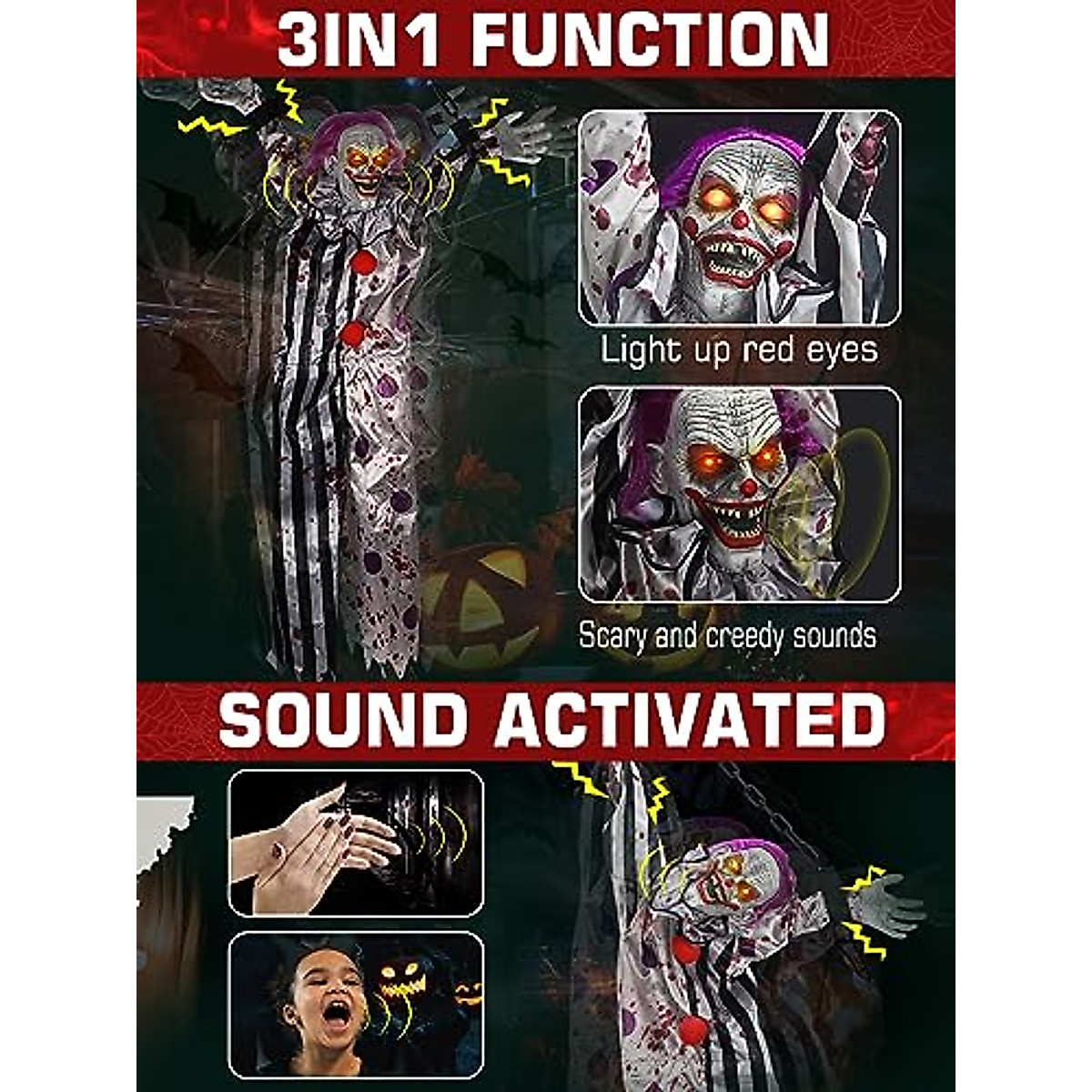 Scary Clown Halloween Decorations Outdoor Hanging Talking Clown Animatronics with Light Up Red Eyes, Sound & Touch Activated for Indoor Yard Haunted House Decor