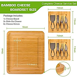 WoneNice Organic Large Bamboo Cheese Board and Knife Gift Set, 16x14 x 2 Charcuterie Board Set, Cheese Platter Wooden Serving Tray with Hidden Drawers, and 8 Stainless Steel Knives