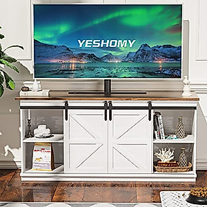 YESHOMY Farmhouse TV Stand for Televisions up to 65+ Inch with Sliding Barn Doors and Storage Cabinets, Entertainment Center Console Table, Media Furniture for Living Room, 58 Inch, White