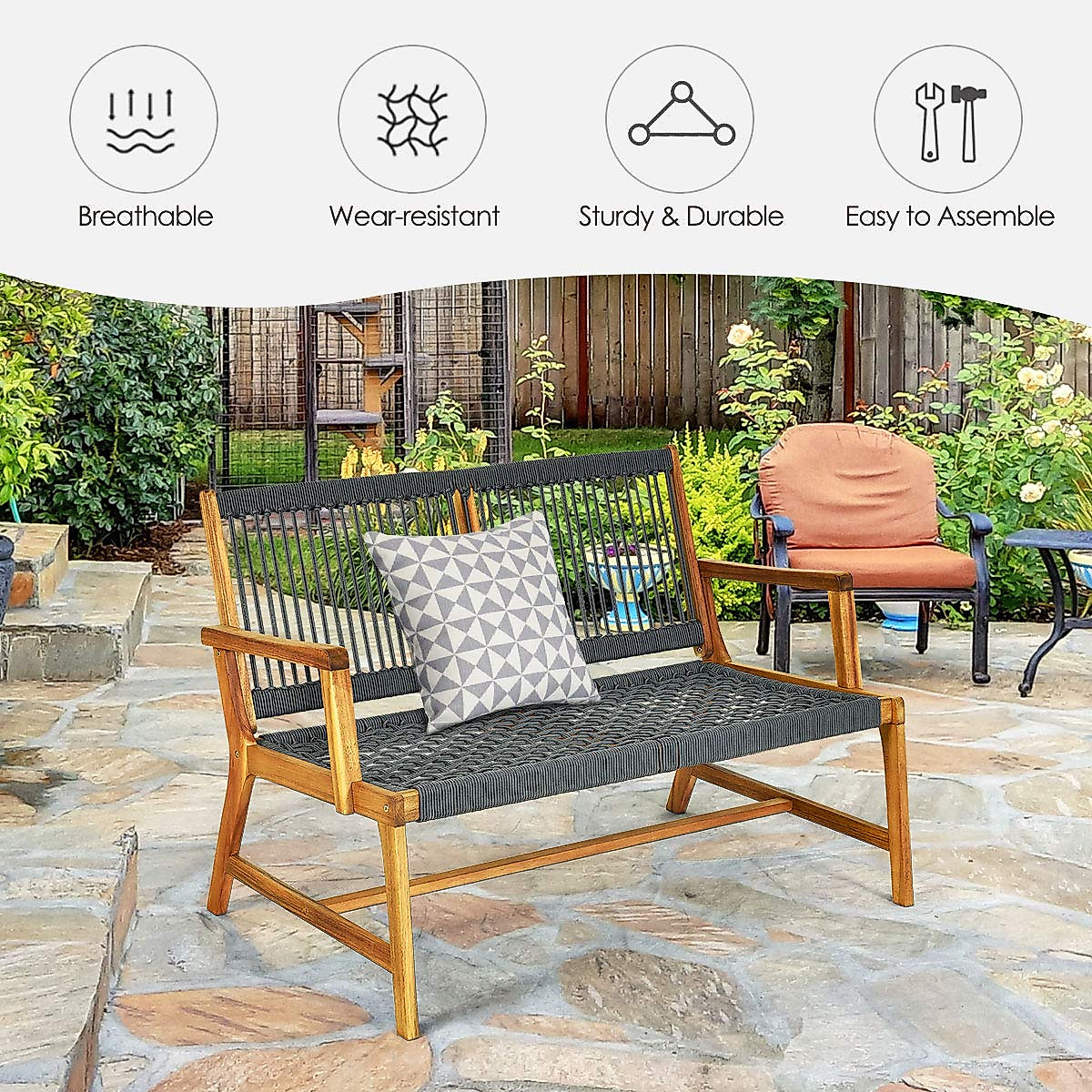 Tangkula 2-Person Patio Acacia Wood Bench Loveseat Chair, Outdoor Patio Bench Acacia Wood Bench in Teak Oil Finish, Patio Loveseat Rope Bench for Balcony Deck Poolside Porch (Grey)