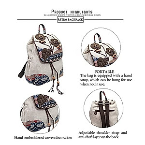 HUANGGUOSHU Backpack Purse For Women Casual Vintage Drawstring Anti-theft Back Pack Hippie Travel Boho Hand-Held Flap Hand-Embroidered Backpack, 13.7*13.7*7.08 inches
