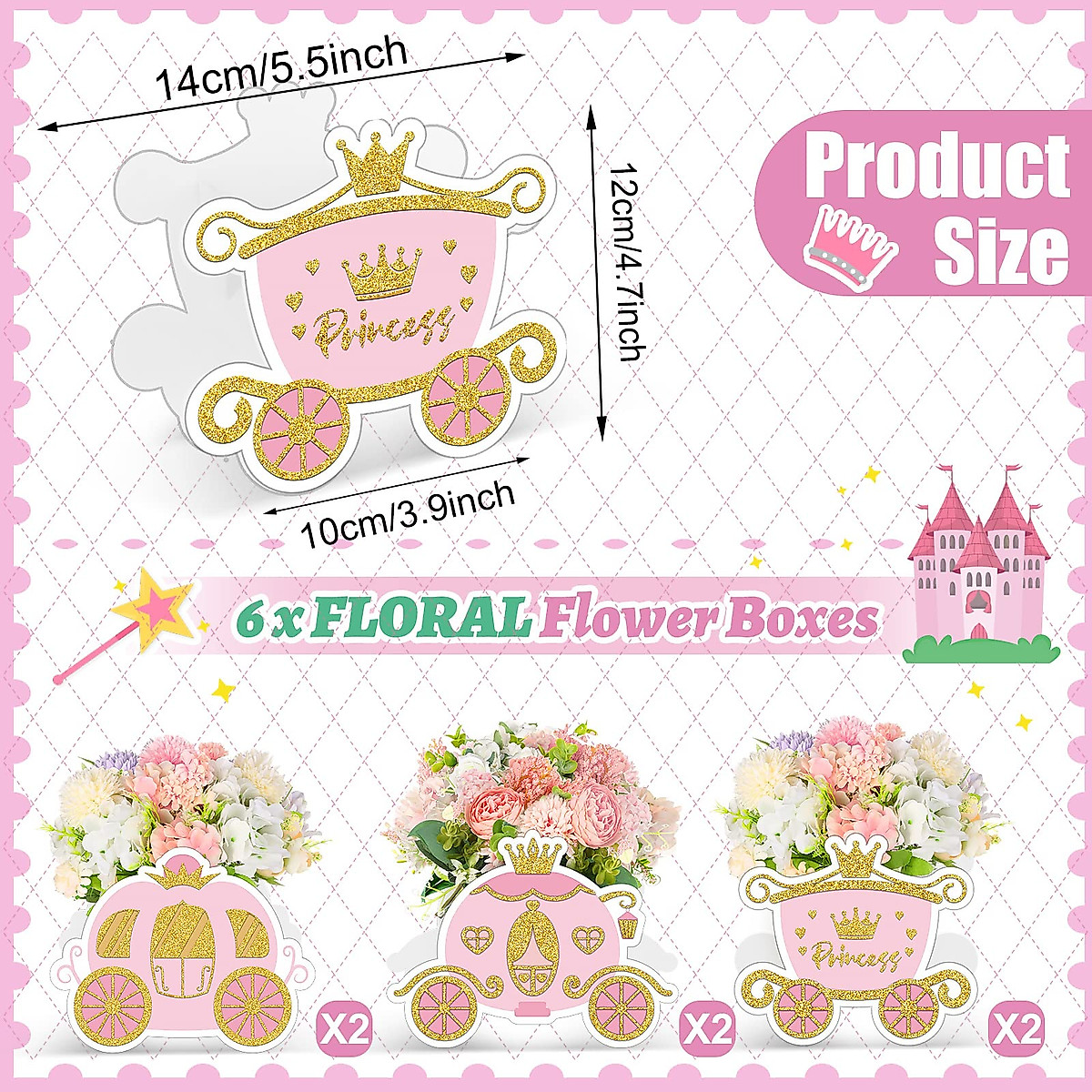 6 Pcs Princess Party Decorations Princess Carriage Centerpiece Princess Party Flower Treat Boxes Centerpiece Candy Boxes for Birthday Baby Shower Wedding Engagement Party Goodie Box