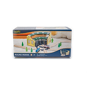 maxim enterprise, inc. Wooden Train Round House Combo with Rotating Turntable, Train Shed to House 5 Engines or Cars, Wooden Train Track Accessories Compatible with Major Brand Railway Sets