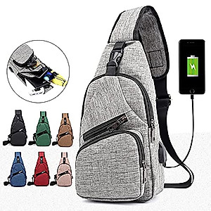 ULemeili Sling Backpack with USB Charging Port, Men Women Chest Crossbody Shoulder Bag Biking Hiking Cycling (Grey, One Size)