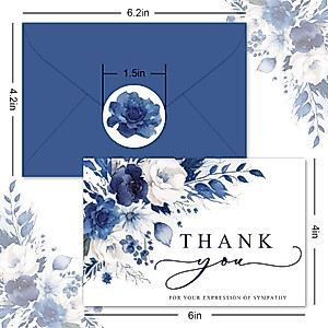 AnyDesign 30Pcs Floral Funeral Thank You Cards with Sticker Envelope, Watercolor Blue Flower Bereavement Card with Message for Memorial Service Loved Ones Celebration of Life