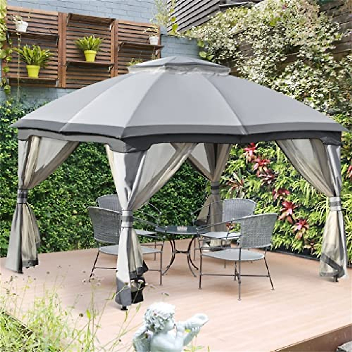 ZZBJ 10' X 12' Patio Gazebo Canopy Shelter, Outdoor Solid Steel Frame Gazebo with Double Vented Roof, Zippered Mesh Sidewalls