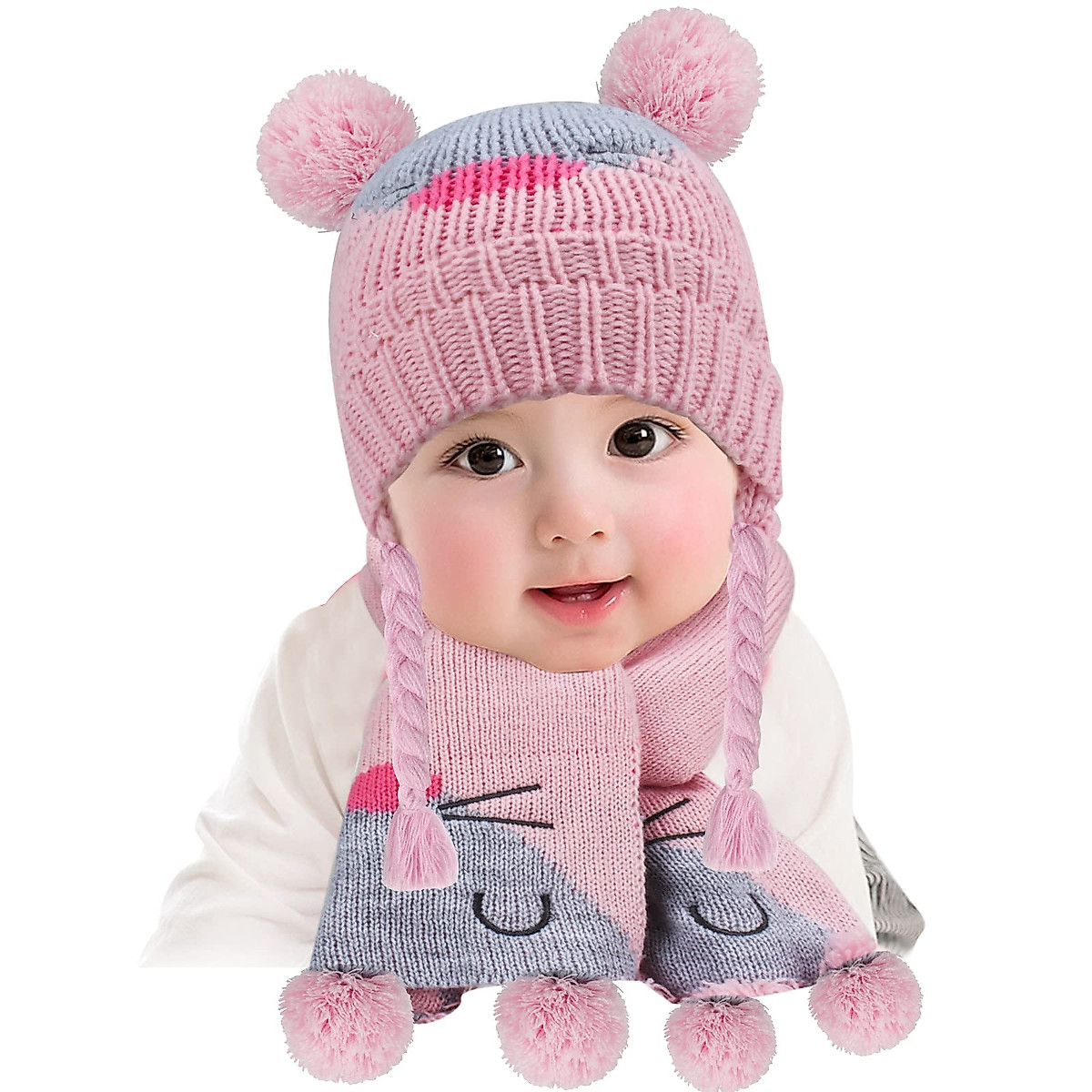 Hicdaw Toddler Winter Hat Scarf Gloves Set Baby Winter Hat Knit Beanie Hat Polar Fleece Warm Hat Cap for 1-4 Years Old Kid Boys Girls