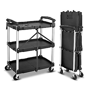 UNICOO Foldable Plastic Utility Cart, Heavy Duty, 3-Tier Rolling Service Cart with Lockable & Silent Wheels, Anti-Rust & Easy Clean for Restaurant, Office, Garage & More, 25.6x15.7x33.5 (Black)
