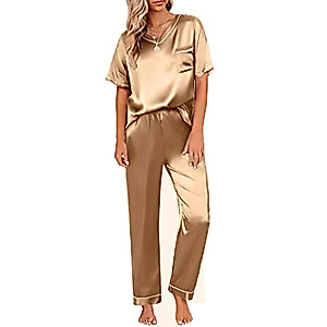 Ekouaer Womens Short Sleeve Satin Silk Pajama Set 2 Pieces Loungewear Sleepwear Long Pajama Pant Set Champagne