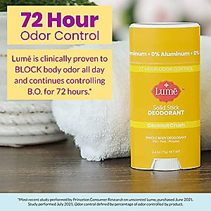 Lume Solid Deodorant Stick - Whole Body Deodorant - Aluminum-Free, Baking Soda-Free, Hypoallergenic, Safe For Sensitive Skin - 2.6 Ounce Solid Stick (Coconut Crush)
