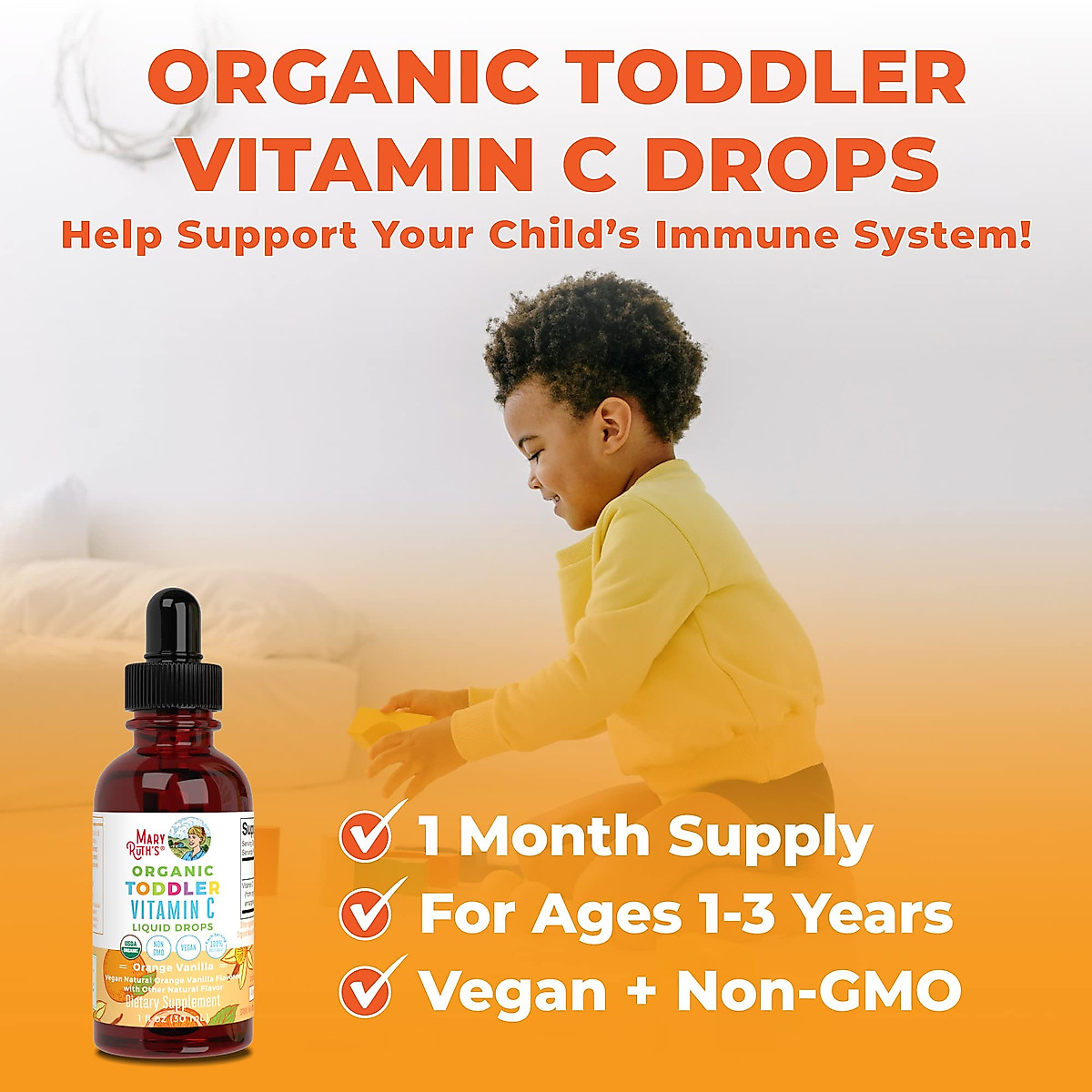 MaryRuth Organics Toddler Vitamin C Drops | USDA Organic Vitamin C Liquid Drops for Toddler | Ages 1-3 Years | Vitamin for Immune Support & Overall Health | Vegan | Non-GMO | Gluten Free | 30 Servings