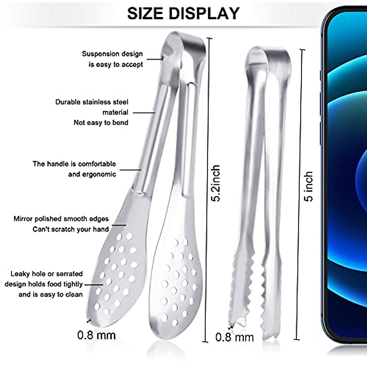 12 Pack Premium Small Serving Tongs, Dmoera Mini Stainless Steel Appetizer Tongs, 5Inch,5.2Inch(12.7cm)