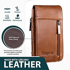 Hengwin Phone Belt Pouch fits for iPhone XR 15 14 13 12 11 Pro S23 Holster Wallet Case with Belt Clip Belt Loop Leather Cell Phone Purse Belt Bag for Men (Fits for Phone with Medium Case on) (Brown)