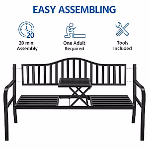 Topeakmart Outdoor Garden Bench Patio Park Bench Chair with Adjustable Middle Table, Two Person Outdoor Furniture, Black