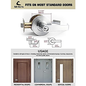 MrArm Commercial Door Lever Lock, Heavy-Duty Locking Door Handle, Designer Door Handles, Cylindrical Lever Lock, Non-Handed Grade 2 Industrial Standard Door Handle, Satin Chrome(Keyed Entry)