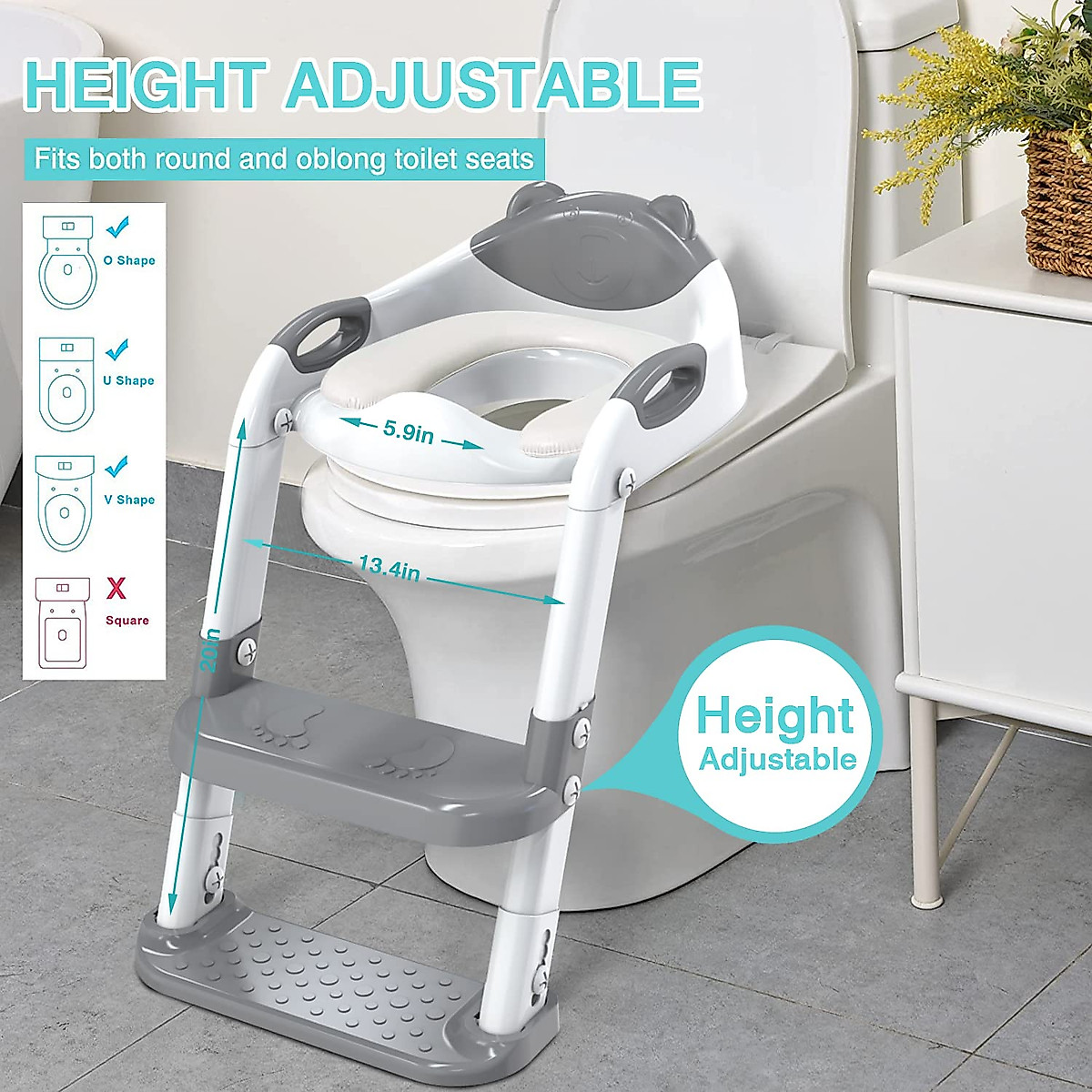 711TEK Potty Training Seat with Double Step Stool Ladder - 2022 Upgraded Version Potty Training Toilet, More Slip Resistant and Stable(Bear-Grey)