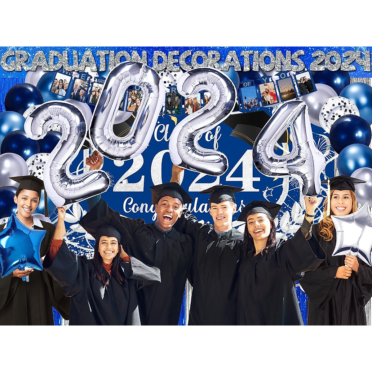 Graduation Decorations Class Of 2024, 231PCS Party Decorations, Graduation Decorations with Backdrop balloons Paper Plate Cup Napkin Cutlery Tablecloth Balloon Garland (Blue and Silver)