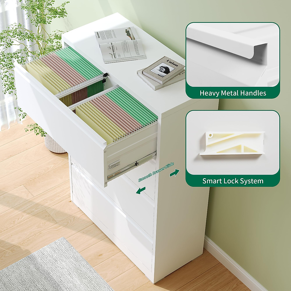 BIZOEIRON 4 Drawer Lateral File Cabinet with Lock, Metal Filing Cabinets for Home Office, Steel Storage Wide File Cabinet for Letter/Legal/F4/A4 Size with Hanging Bars, Assembly Required (White)