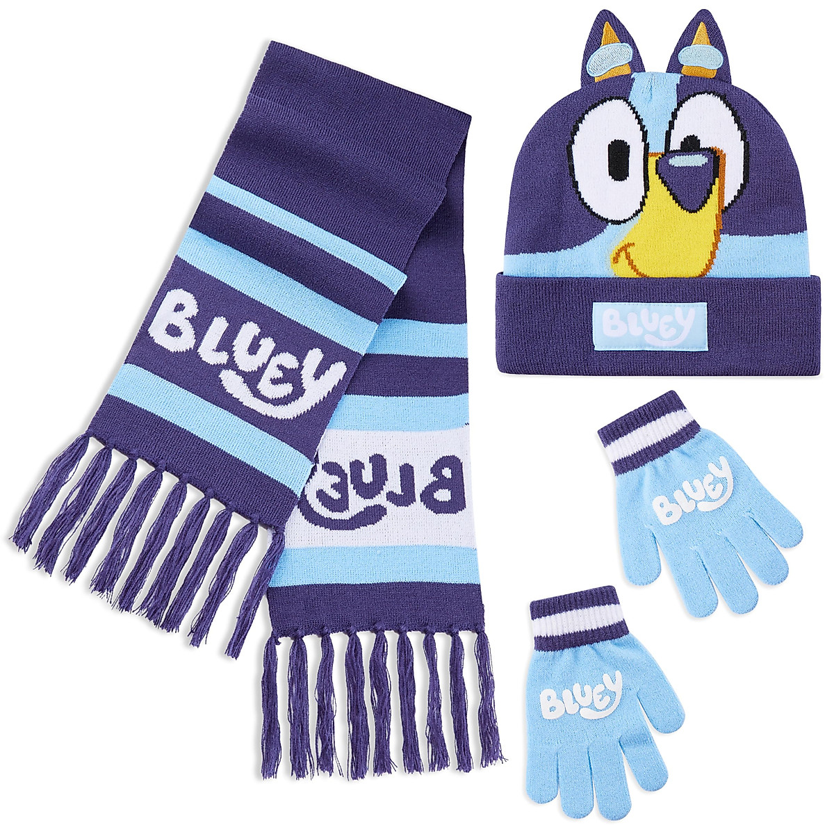 Bluey Girls Winter Set, Kids Hat & Gloves Scarf or Beanie and Gloves - Gifts for Girls (Blue 3 Pcs)