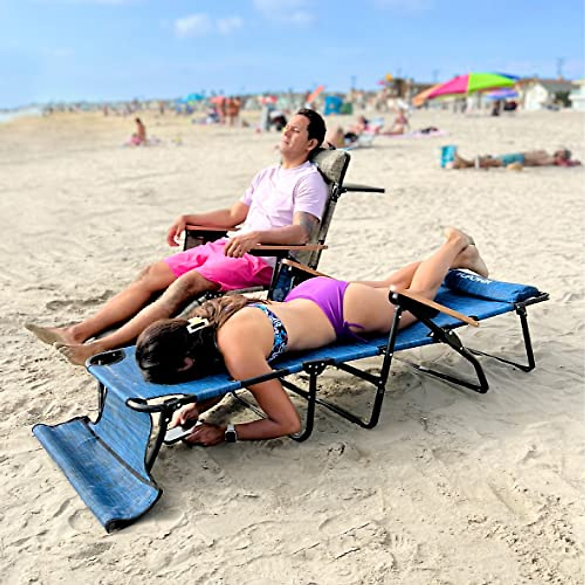 EasyGo Product FLIP Patio Chaise Lounger Chair for Tanning with Face & Arm Holes 4 Legs Support Textilene Material 6 Position Reclining Head Rest Pillow Beach or Home Use-PATENTS Pending, Blue