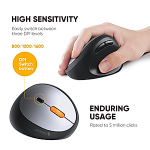 ProtoArc Wireless Vertical Mouse, EM14 Ergonomic Wireless Mouse 2.4G Optical Vertical Mice, 800/1200 / 1600 DPI, Reduce Wrist Strain, for Small Hands