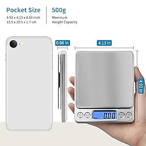 Toprime Digital Gram Scale 500g 0.01g Food Scale High Precision Kitchen Scale Multifunctional Stainless Steel Pocket Scale with Back-Lit LCD Display Tare PCS Features Silver