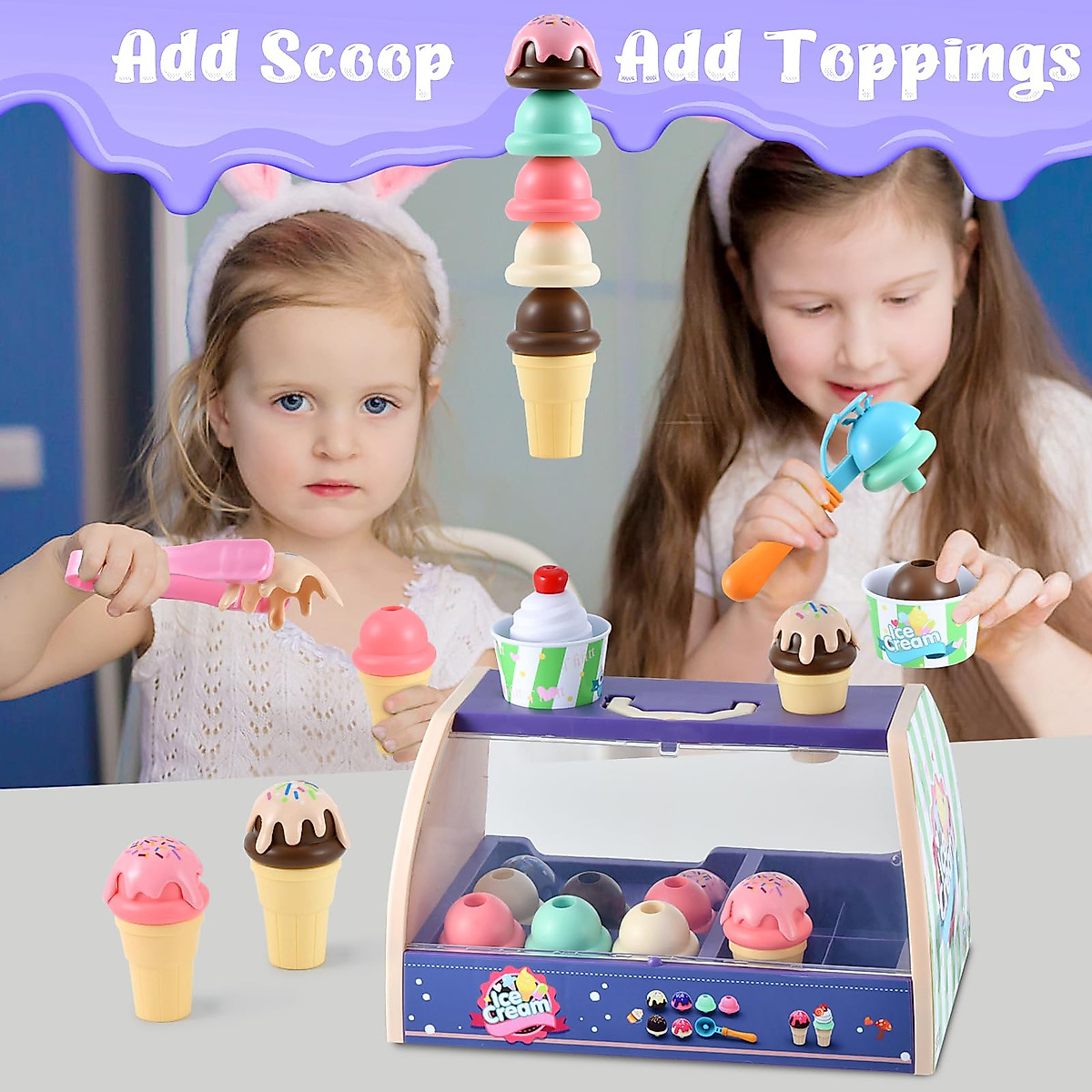 Ice Cream Toys for Kids, Toddler Pretend Play Kitchen Food Accessories, Ice Cream Counter Playset, Pretend Food Toys for 3 4 5 6 Year Old Girls & Boys, Christmas Birthday Toys Gift for Kids