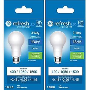 GE (2 Bulbs) Refresh LED A19 3-Way Light Bulb, Energetic Daylight 5000K, 30-70-100w Equivalent Using only 4-8-12w, 400/1050/1500 lumens, HD Light- Enhanced Color Contrast and Boldness LED 3 Way Bulb