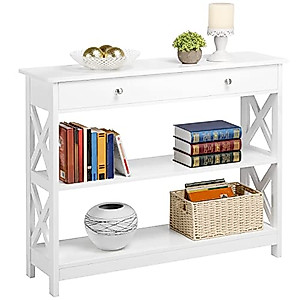 Yaheetech 3-Tier Entryway Table White Console Table with Drawer and 2 Storage Shelves, Wood Narrow Sofa Table for Entryway/Hallway/Living Room, 39.5in L x 12in W x 31.5in H