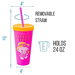 Silver Buffalo Sanrio Hello Kitty Summertime Gardening 4-Pack Color Changing Plastic Tumblers Includes Lid and Straw, 24 Ounces