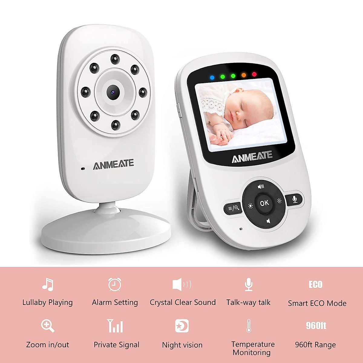 Video Baby Monitor with Camera and Infrared Night Vision, Two-Way Talkback, and Temperature Monitor - Long Range, Monitor Your Baby All Round The Clock,Include 2 Piece Outlet Protector … (2.4'')