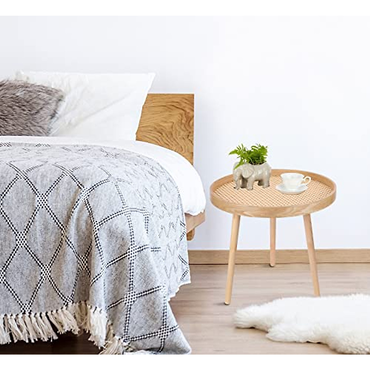 Round Coffee Table Set of 2, Natural Boho Coffee Table, Small Mid Century Modern Rattan Coffee Table, Boho Side Table End Tables for Living Room Bedroom Office Balcony