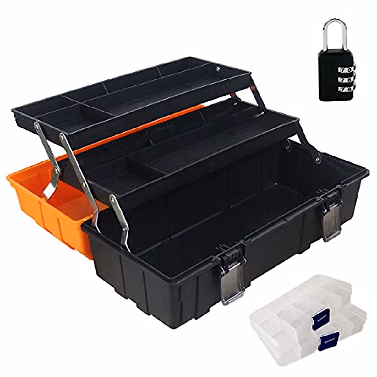WEWLINE 17-Inch Tool Box Organizer 3-Layer Multiplication Plastic Storage Toolbox with Portable Handle Perfect for Home Office Car Trunk
