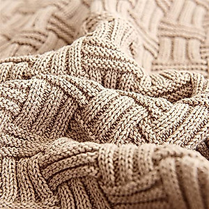 Cotton Khaki Cable Knit Throw Blanket for Couch Sofa Bed with Bonus Laundering Bag – Large 60 x 80 Thick, 3.4 LB, Machine Washable, Comfortable Home Décor