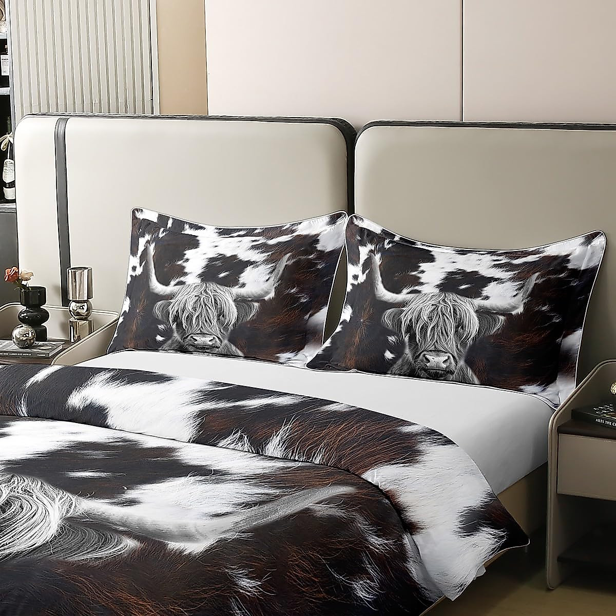 Cow Skin Duvet Cover 100% Nature Cotton King,Realistic Cowhide Print Western Highland Cattle Comforter Cover,Vinateg Country Decor All Season Super Soft Bedding Bedroom Decor