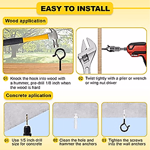 Hooks for Outdoor String Lights, 52 Pack Screw Hooks for Hanging Plants Led Party Lights Garage Wind Chimes, Black Heavy Duty Q Hanger Ceiling Cup Hooks with Safety Buckle, Box and Wing Nut Driver