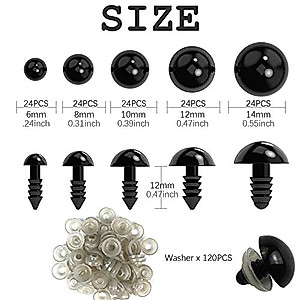 Plastic Safety Eyes for Amigurumi, 240PCS 6mm - 14mm Black Solid Craft Doll Eyes with Washers for Crafts, Crochet Toy and Stuffed Animals