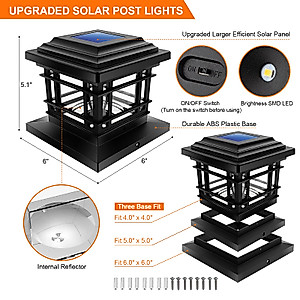 LETMY Solar Post Cap Lights Outdoor, 4 Pack LED Deck Fence Cap Solar Lights, Bright Waterproof Solar Post Lights for 4x4 5x5 6x6 Wooden Posts in Patio, Deck or Garden Decoration