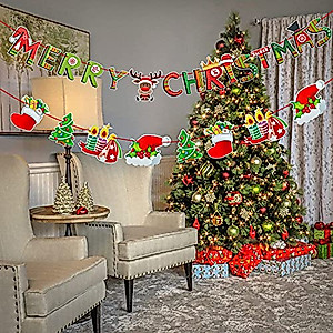 POSUGU Merry Christmas Banners Party Decoration Hanging Bunting Set 5 Pcs Indoor Garland Wall Window Fireplace Decor Xmas DIY Signs Ornament Home Office Scene Supplies, Red&Green, 7.3*6.1*1.5inch