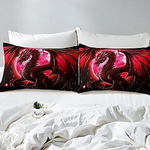 Dragon Duvet Cover Set Twin Size,Starry Sky Moon Night Bedding Set for Kids Boys Teens Women Bedroom Decor,3D Animals Comforter Cover Western Dragon Black Red Quilt Cover,1 Pillowcase
