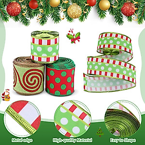 3 Rolls Christmas Wired Ribbon 30 Yard Red and Lime Green Christmas Wrapping Ribbon 2.56 in Wide Polka Dot Swirl Fabric Ribbons Xmas Decorative Ribbons for DIY Crafts Tree Ornaments