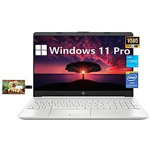 HP 15 Business Laptop, 15.6" FHD IPS Display, 11th Gen Intel Core i3-1115G4, Windows 11 Pro, 12GB RAM, 256GB SSD, Wi-Fi 5, Bluetooth, HDMI, 32GB Durlyfish USB Card