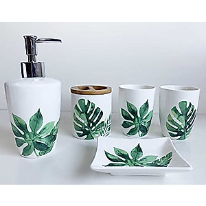 Ceramic Bathroom Sets,5 Pieces Bathroom Accessory Set-Lotion Dispenser,Toothbrush Holder,Tumbler & Soap Dish,Green Leaves Design Bath Ensemble (#2)